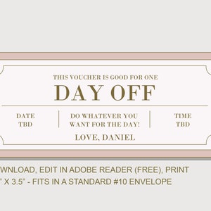 Day off Coupon Certificate - INSTANT DOWNLOAD - EDITABLE Text ...