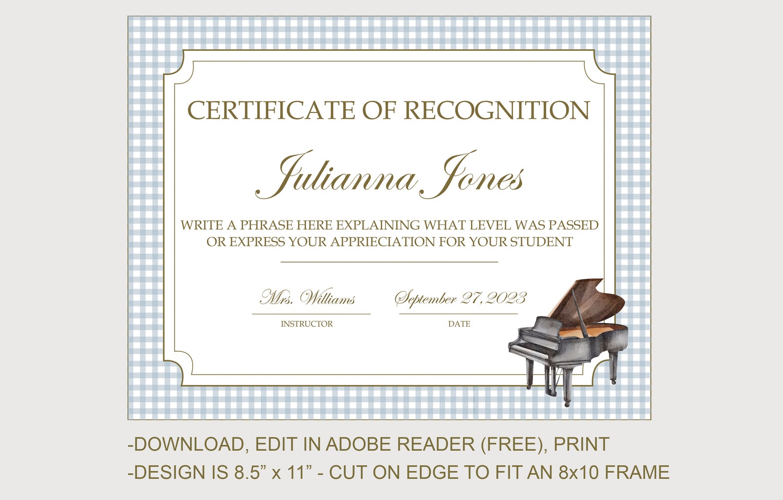 Editable Piano Recital Certificate 8.5x11" - INSTANT DOWNLOAD - Piano ...