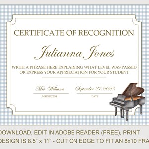 Editable Piano Recital Certificate 8.5x11" - INSTANT DOWNLOAD - Piano ...