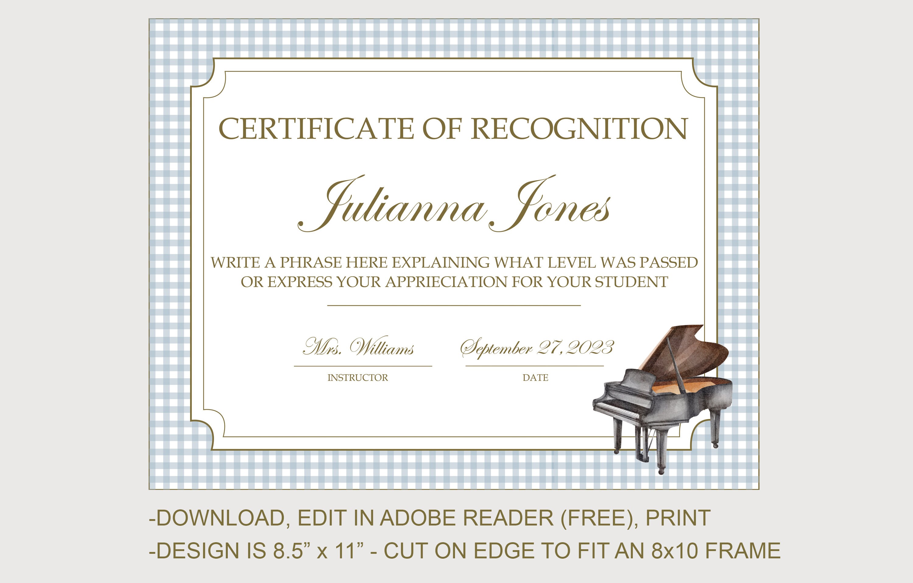 Editable Piano Recital Certificate 8.5x11" - INSTANT DOWNLOAD - Piano ...