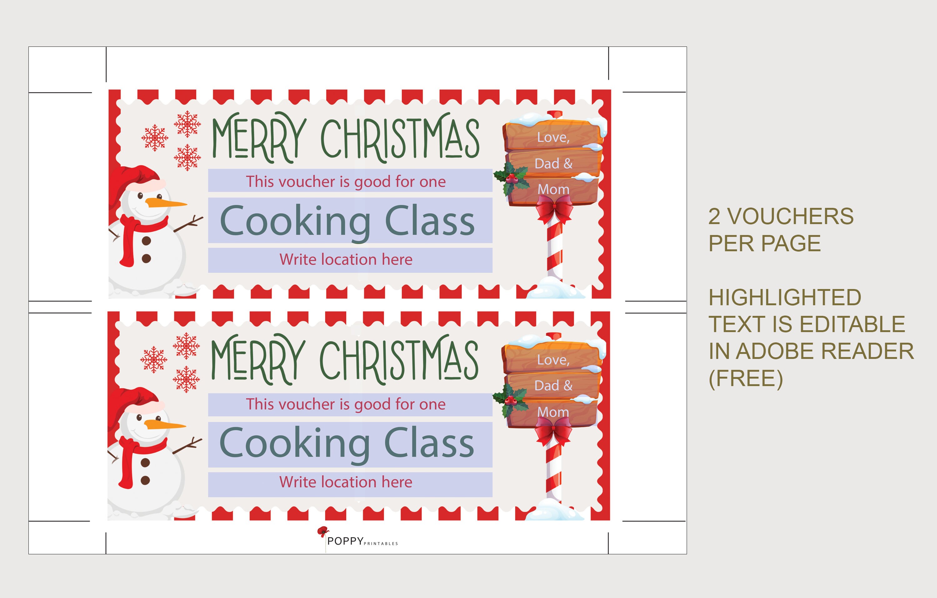 Christmas Cooking Class Coupon Certificate - INSTANT DOWNLOAD - EDITABLE Text - Printable ...