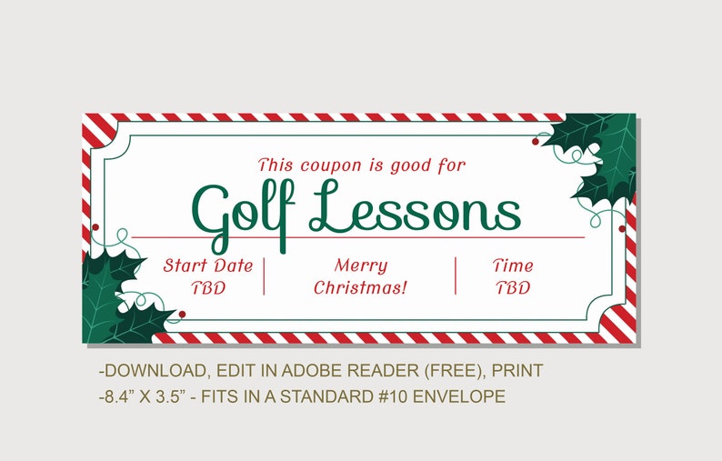 Christmas Golf Lesson Certificate - INSTANT DOWNLOAD - EDITABLE Text ...
