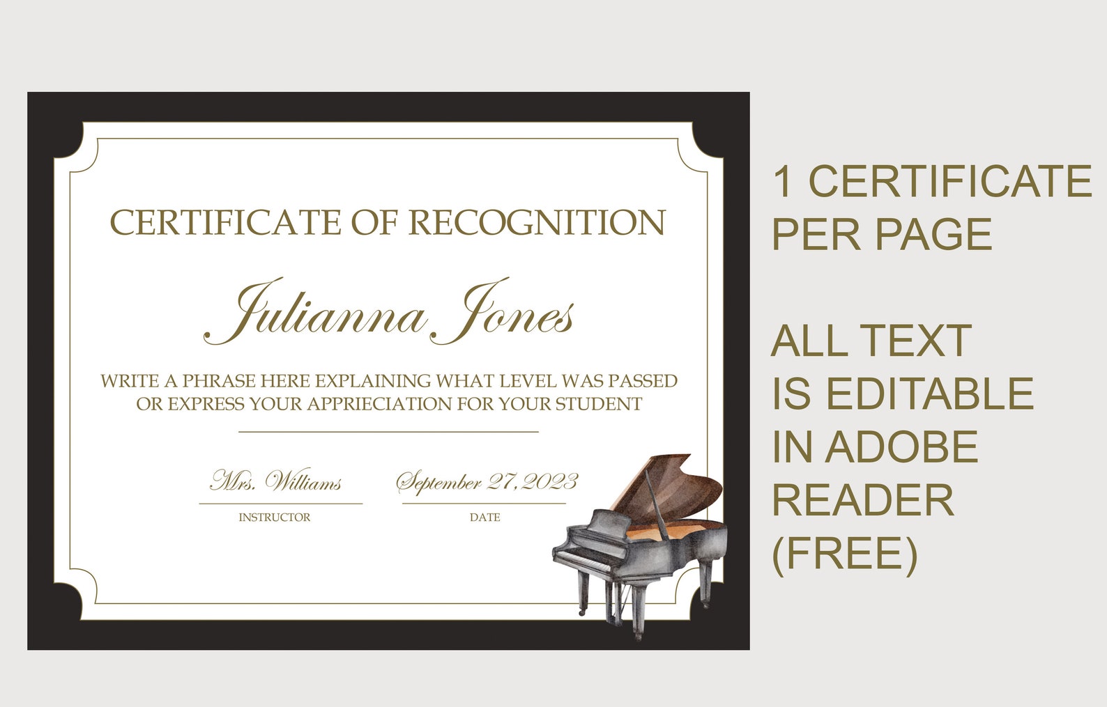 Editable Piano Recital Certificate 8.5x11" - INSTANT DOWNLOAD - Piano ...