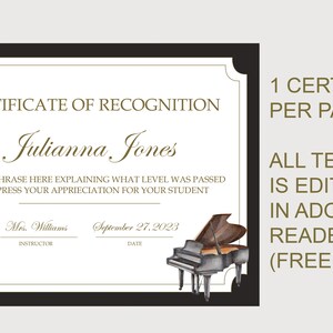 Editable Piano Recital Certificate 8.5x11" - INSTANT DOWNLOAD - Piano ...