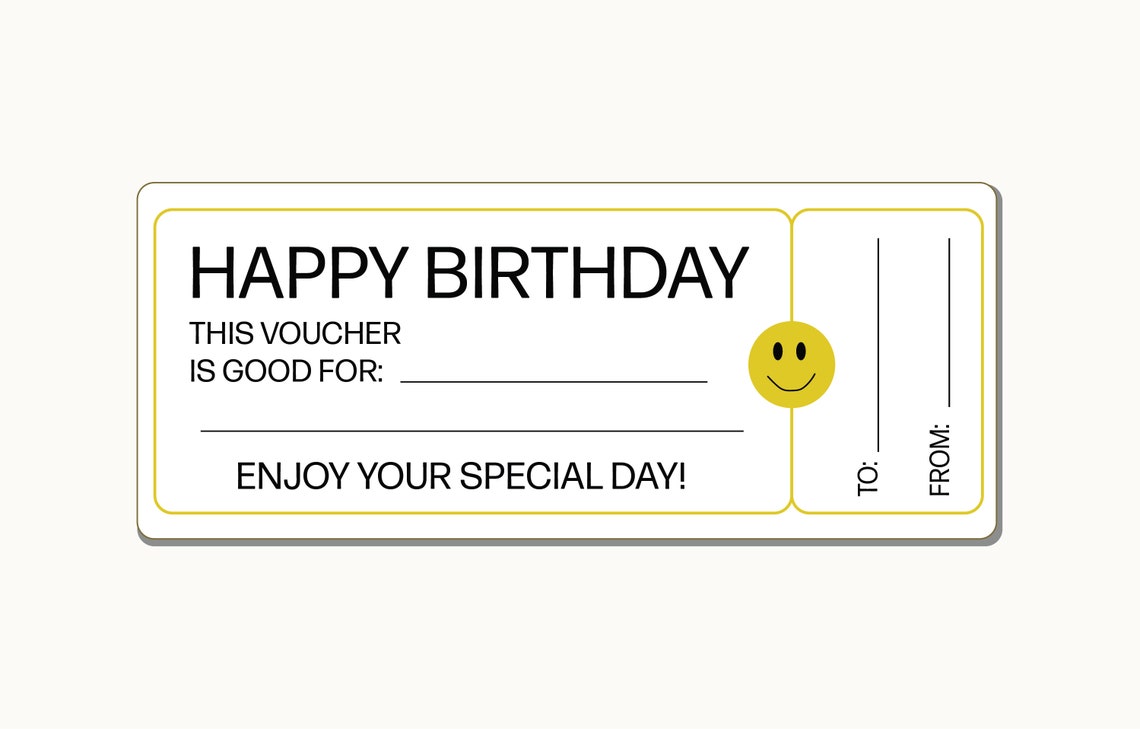 Smiley Face Birthday Coupon Voucher INSTANT DOWNLOAD | Etsy