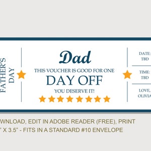 Fathers Day off Coupon Gift Certificate - INSTANT DOWNLOAD - EDITABLE ...