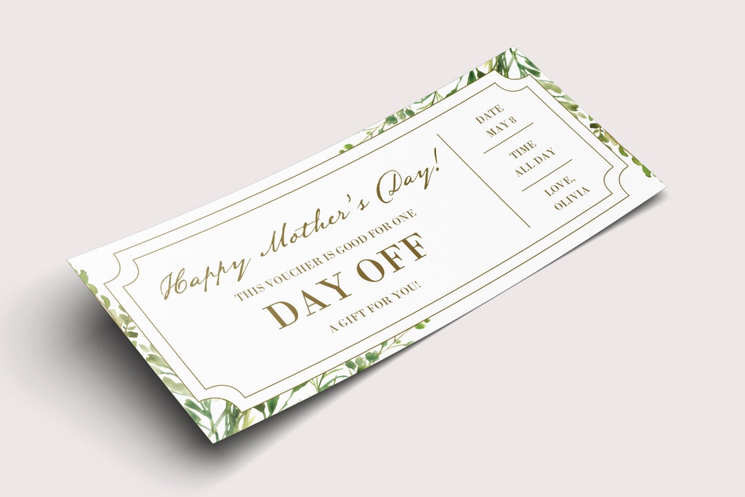 Mother's Day Time off Coupon Voucher - INSTANT DOWNLOAD - EDITABLE Text ...