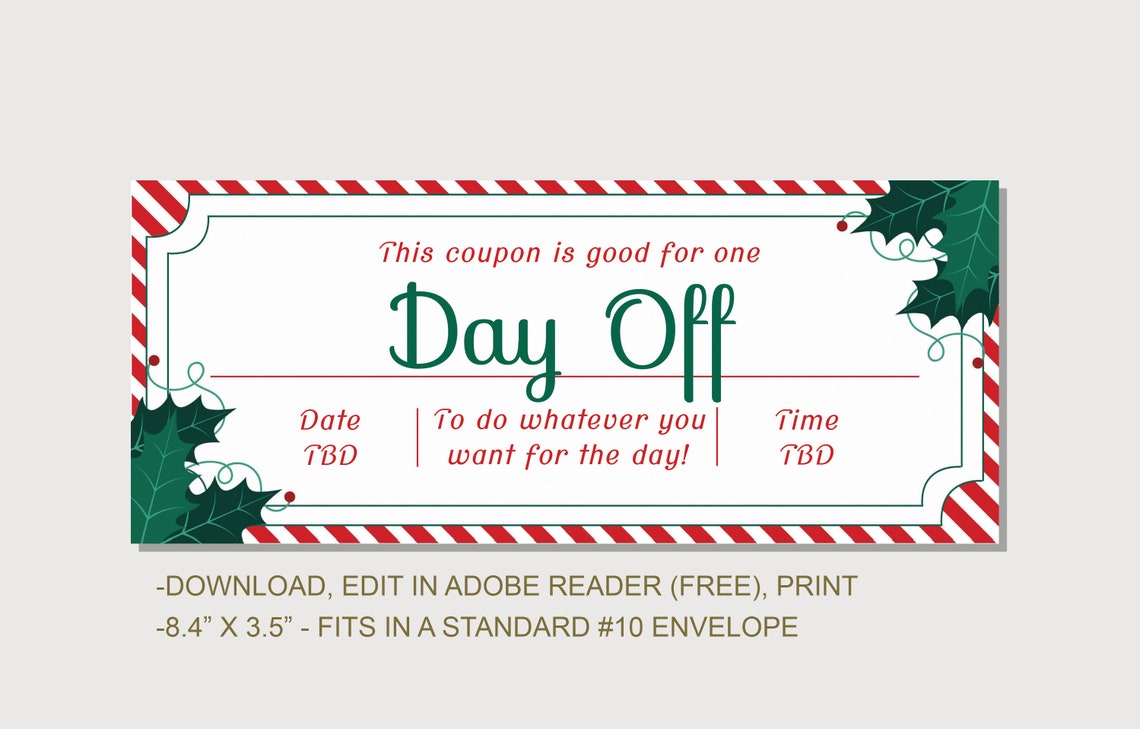 Christmas Day off Coupon Gift Certificate - INSTANT DOWNLOAD - EDITABLE ...