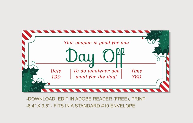 Christmas Day off Coupon Gift Certificate - INSTANT DOWNLOAD - EDITABLE ...