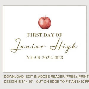 Editable First Day of Junior High Sign Printable INSTANT DOWNLOAD Back ...