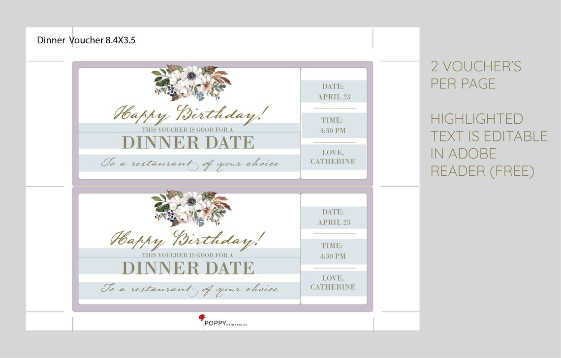 Birthday Dinner Date Gift Voucher - INSTANT DOWNLOAD - EDITABLE Text ...