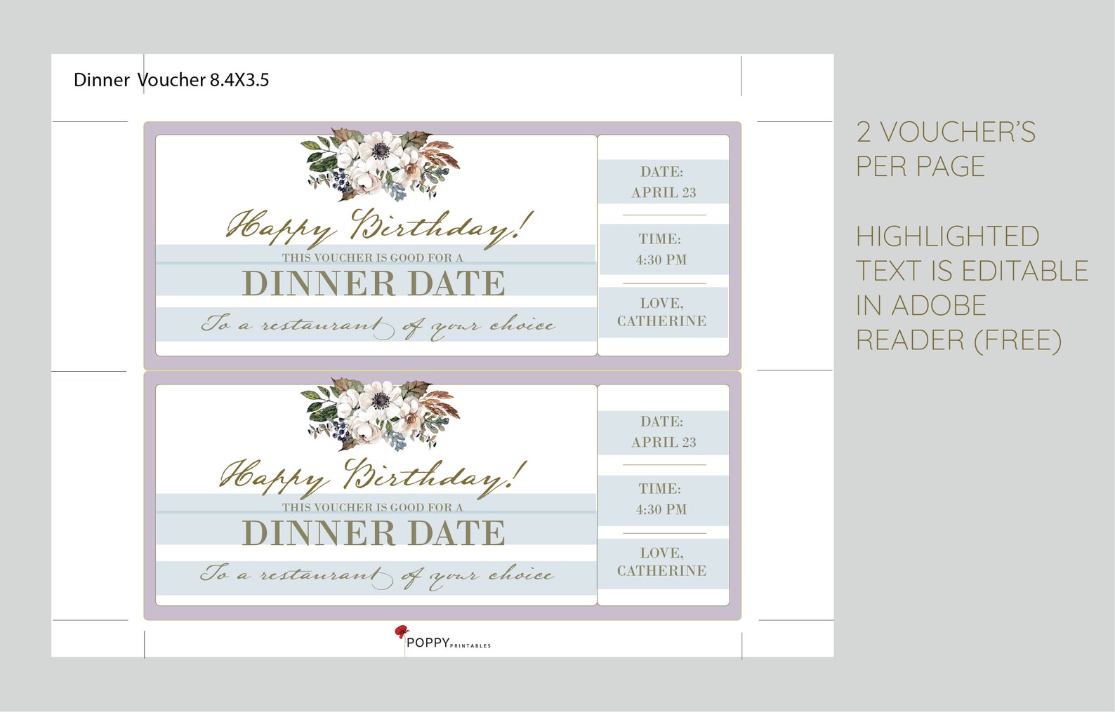 Birthday Dinner Date Gift Voucher - INSTANT DOWNLOAD - EDITABLE Text ...