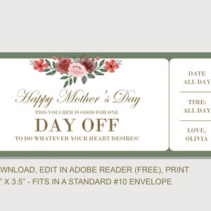 Mother's Day Time off Coupon Voucher - INSTANT DOWNLOAD - EDITABLE Text ...