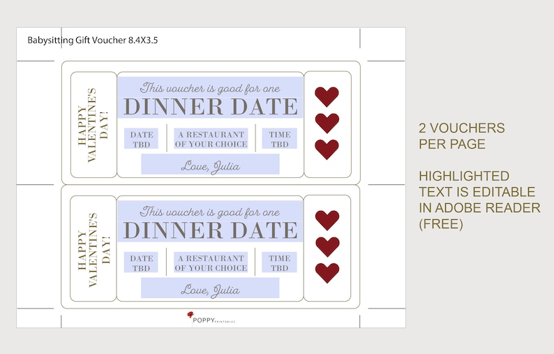 Valentine's Day Dinner Date Gift Voucher - INSTANT DOWNLOAD - EDITABLE ...