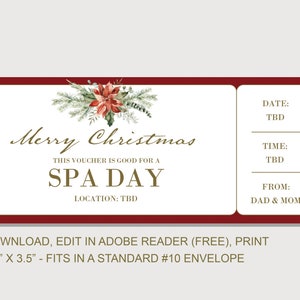 Christmas Spa Day Gift Voucher - INSTANT DOWNLOAD - EDITABLE Text - Spa ...