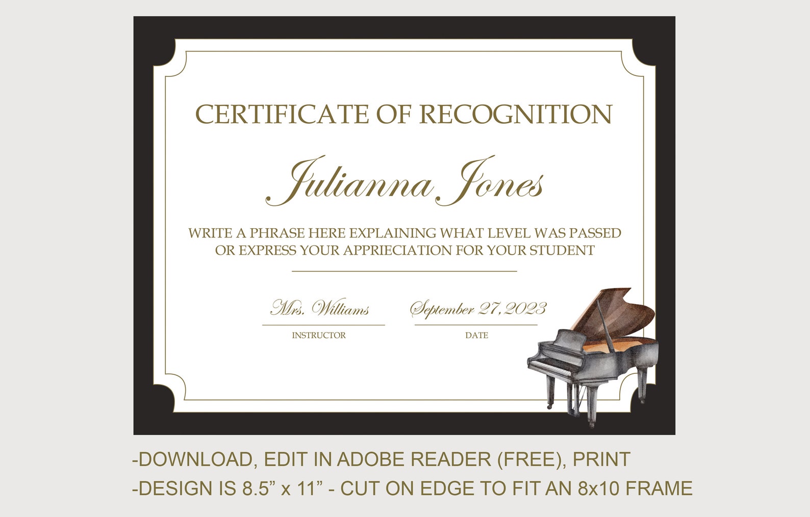Editable Piano Recital Certificate 8.5x11" - INSTANT DOWNLOAD - Piano ...