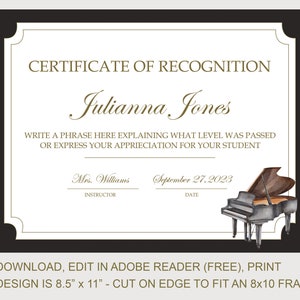 Editable Piano Recital Certificate 8.5x11" - INSTANT DOWNLOAD - Piano ...