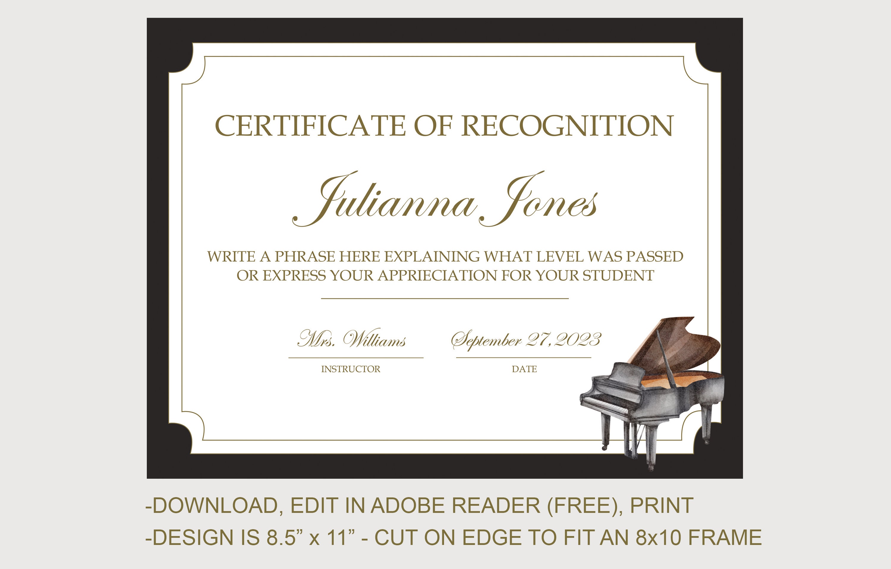 Editable Piano Recital Certificate 8.5x11" - INSTANT DOWNLOAD - Piano ...