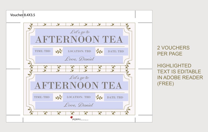 Afternoon Tea Coupon Voucher - INSTANT DOWNLOAD - EDITABLE Text ...