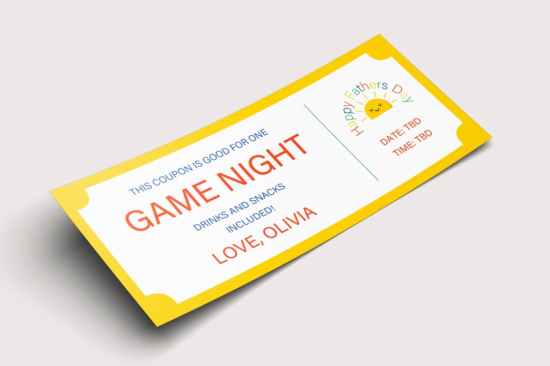 Father's Day Game Night Coupon Gift Certificate - INSTANT DOWNLOAD ...