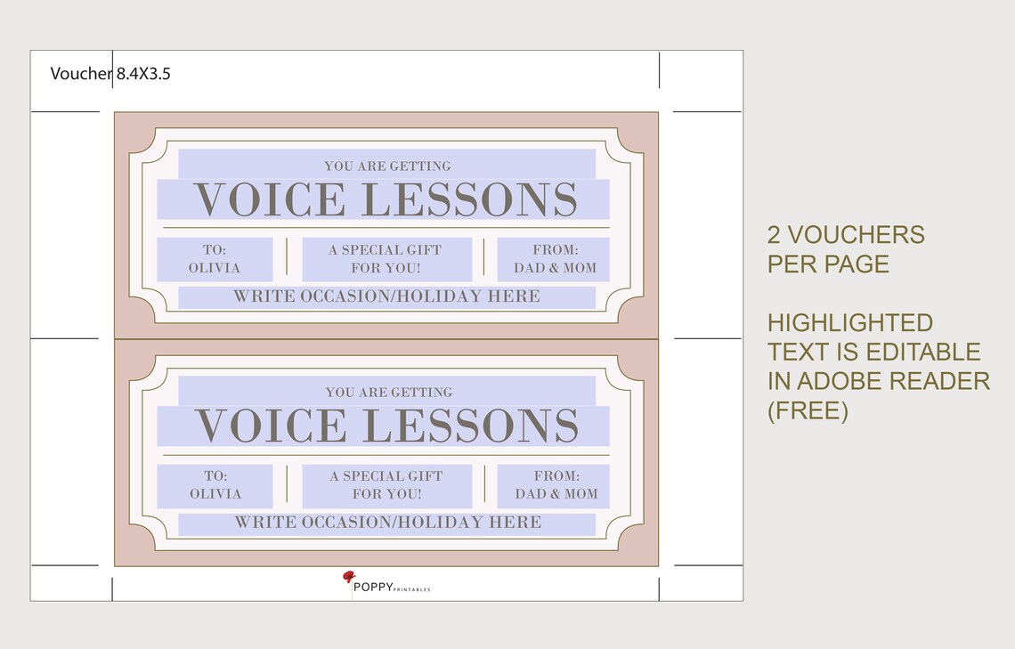 Voice Lessons Coupon Voucher INSTANT DOWNLOAD EDITABLE - Etsy
