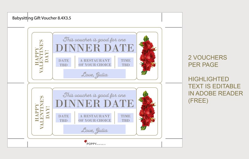 Valentine's Day Dinner Date Gift Voucher INSTANT - Etsy