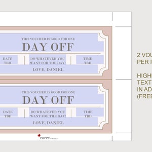 Day off Coupon Certificate - INSTANT DOWNLOAD - EDITABLE Text ...
