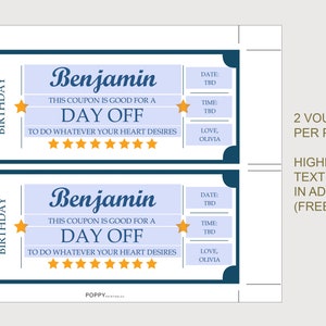 Birthday Day off Coupon Gift Certificate - INSTANT DOWNLOAD - EDITABLE ...