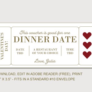 Valentine's Day Dinner Date Gift Voucher - INSTANT DOWNLOAD - EDITABLE ...