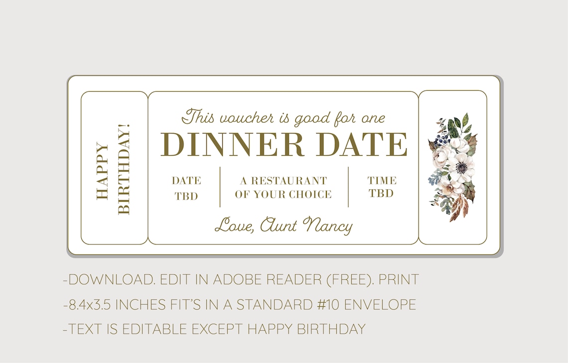 Birthday Dinner Gift Voucher INSTANT DOWNLOAD EDITABLE - Etsy