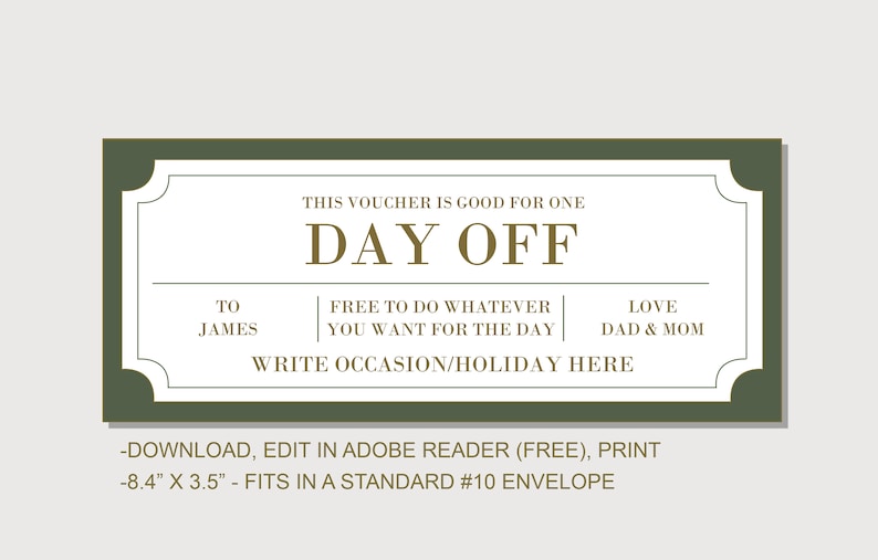 Day off Coupon Certificate - INSTANT DOWNLOAD - EDITABLE Text ...