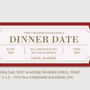 Red Dinner Date Coupon Voucher - INSTANT DOWNLOAD - EDITABLE Text ...