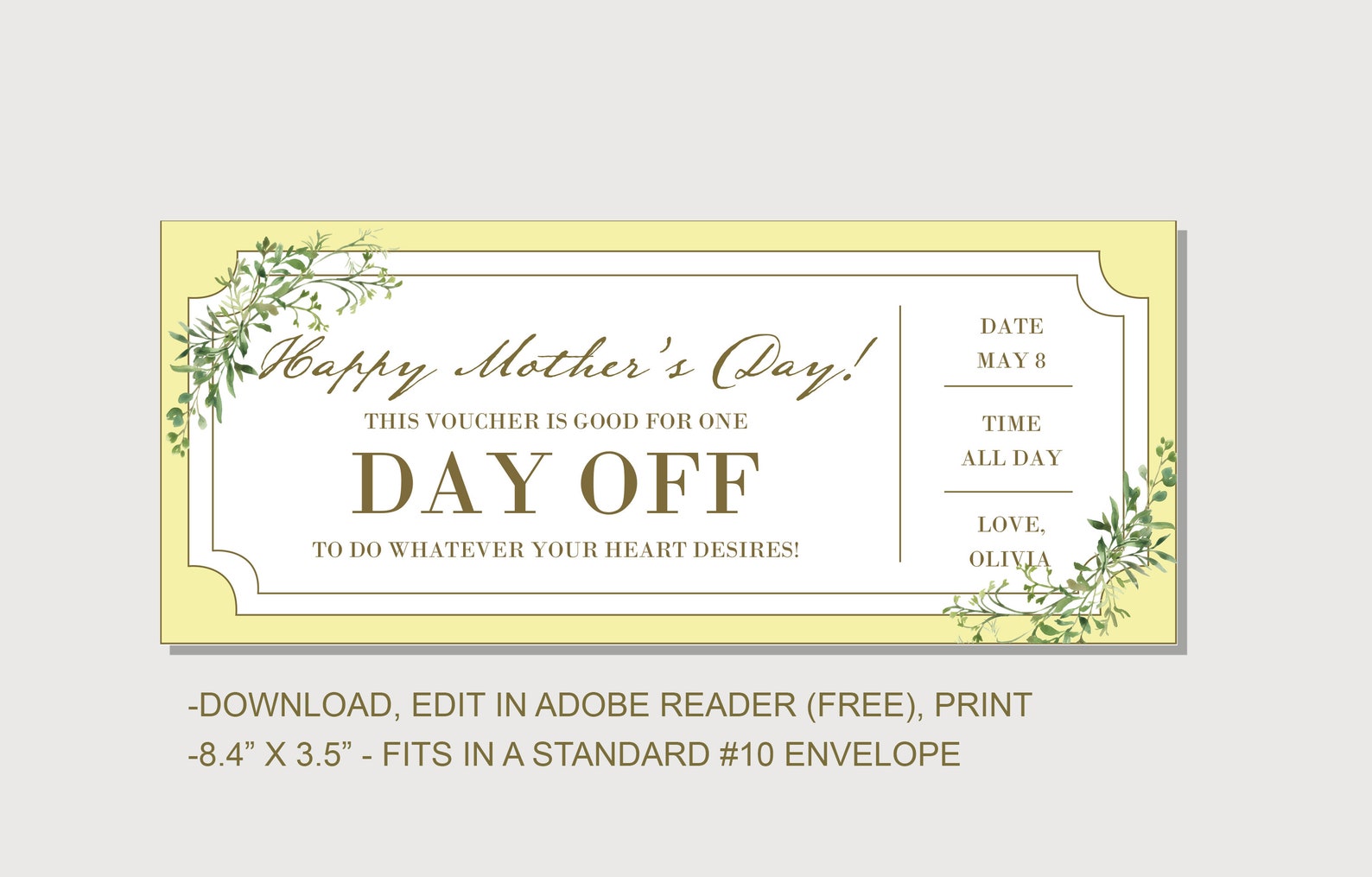 Mother's Day Time off Coupon Voucher INSTANT DOWNLOAD EDITABLE Text ...