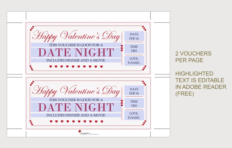 Valentine's Day Date Night Gift Voucher - INSTANT DOWNLOAD - EDITABLE ...