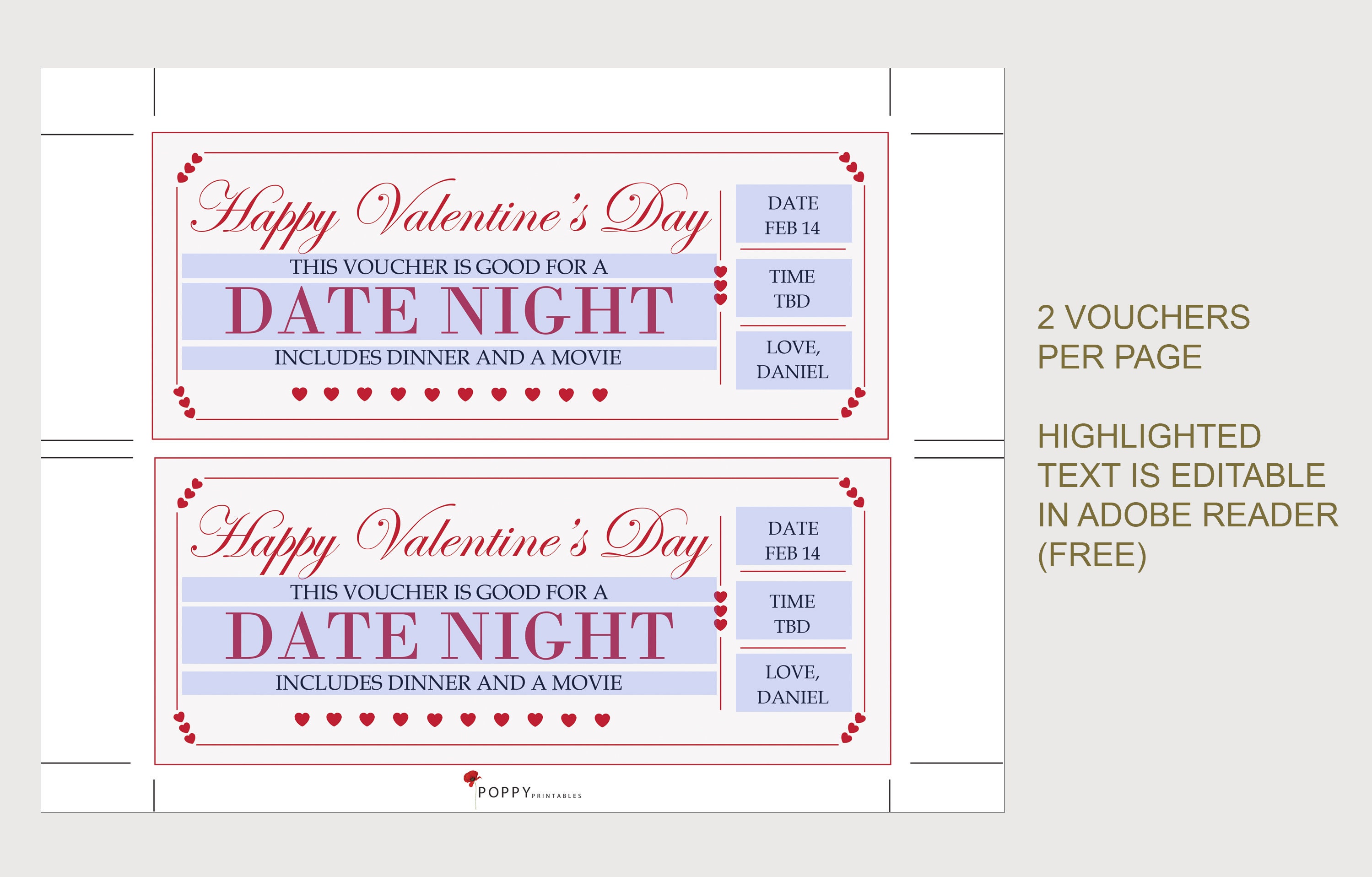 Valentine's Day Date Night Gift Voucher - INSTANT DOWNLOAD - EDITABLE ...