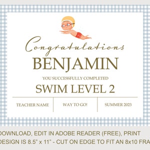 Editable Swimming Certificate 8.5x11" - INSTANT DOWNLOAD - Swim Lesson ...