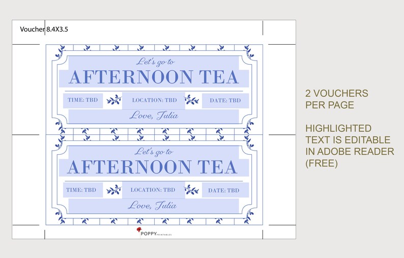 Afternoon Tea Coupon Voucher - INSTANT DOWNLOAD - EDITABLE Text ...