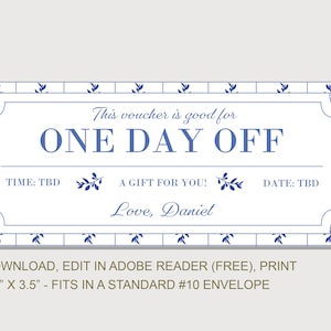 Day off Coupon Voucher - INSTANT DOWNLOAD - EDITABLE Text - Printable ...
