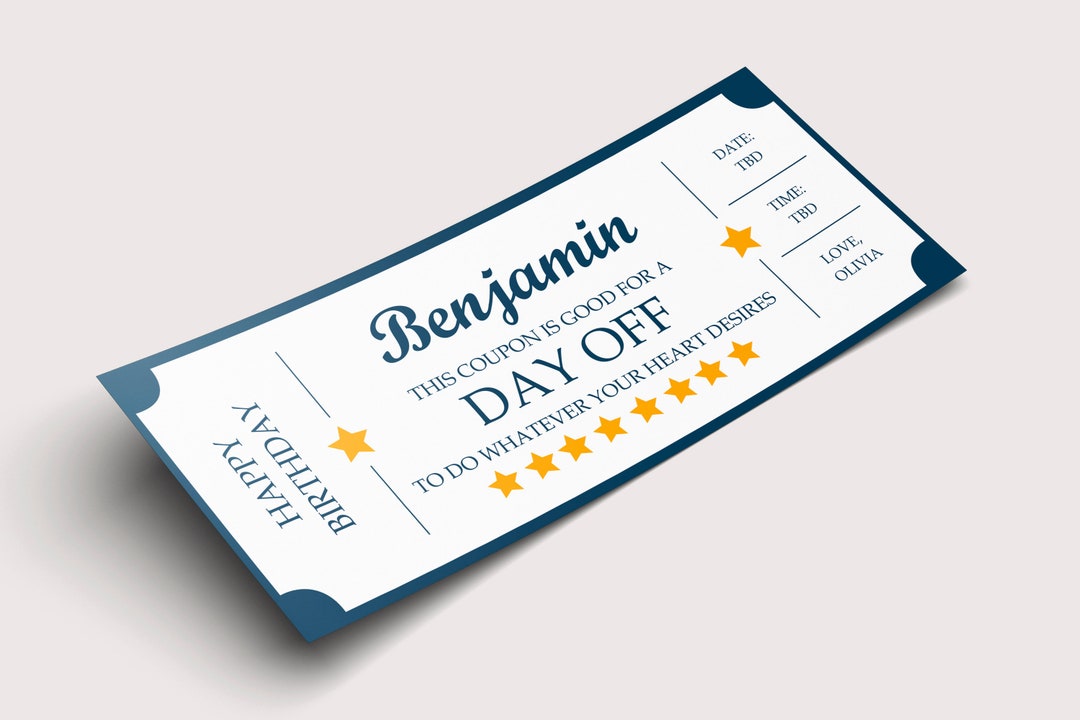 Birthday Day off Coupon Gift Certificate - INSTANT DOWNLOAD - EDITABLE ...
