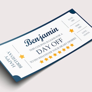 Birthday Day off Coupon Gift Certificate - INSTANT DOWNLOAD - EDITABLE ...