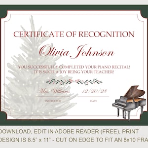 Christmas Piano Recital Certificate 8.5x11" - INSTANT DOWNLOAD - Piano ...