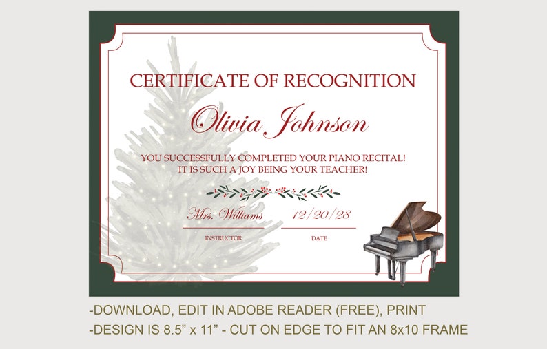 Christmas Piano Recital Certificate 8.5x11" - INSTANT DOWNLOAD - Piano ...