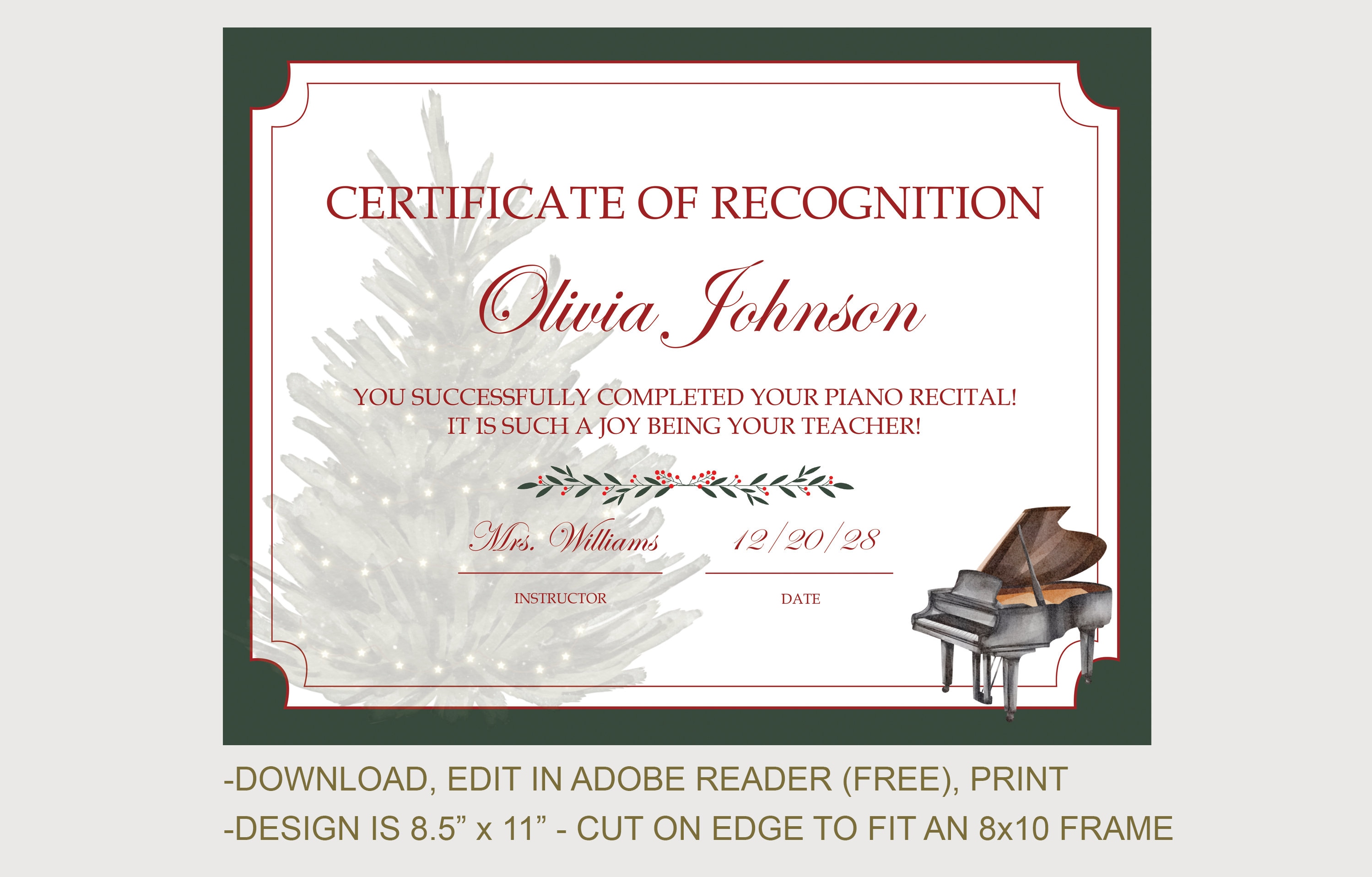 Christmas Piano Recital Certificate 8.5x11" - INSTANT DOWNLOAD - Piano ...