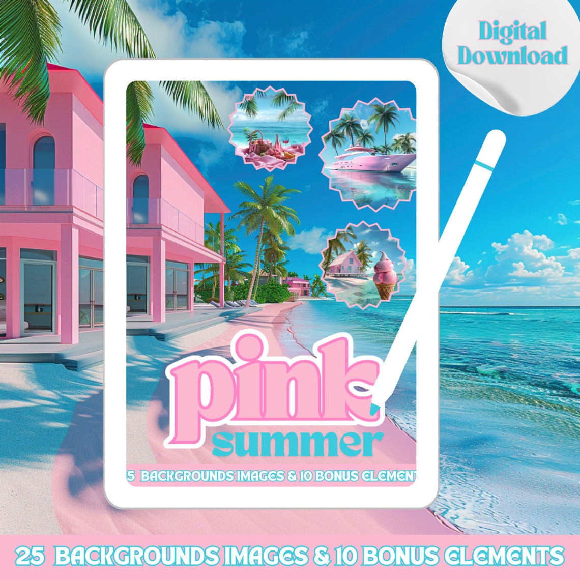 Pink Summer Backgrounds: Girly Beach & Pool Party Graphics (digital PNG ...