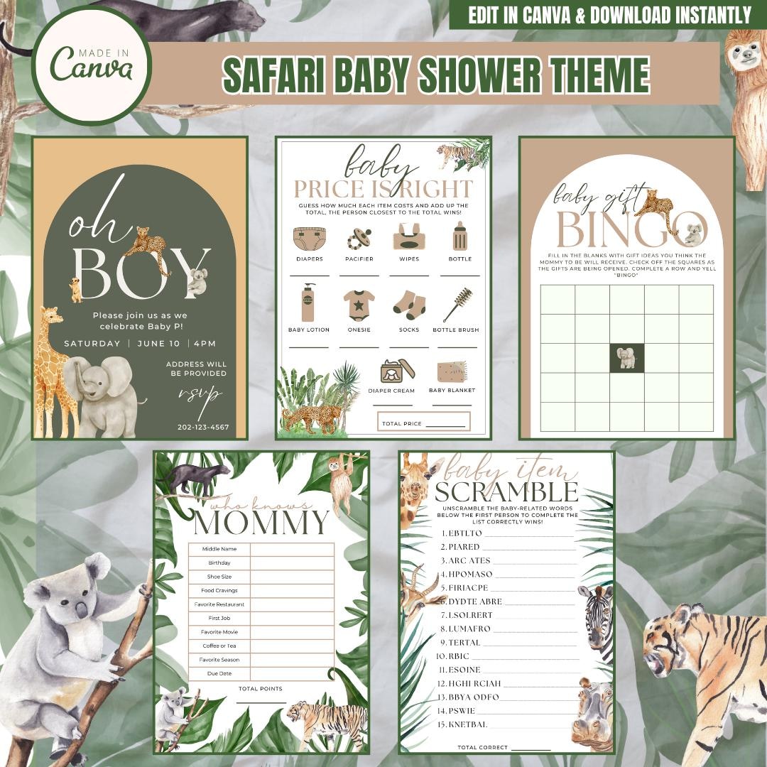 Safari Baby Shower, Baby Shower Games, Canva Editable Templates ...