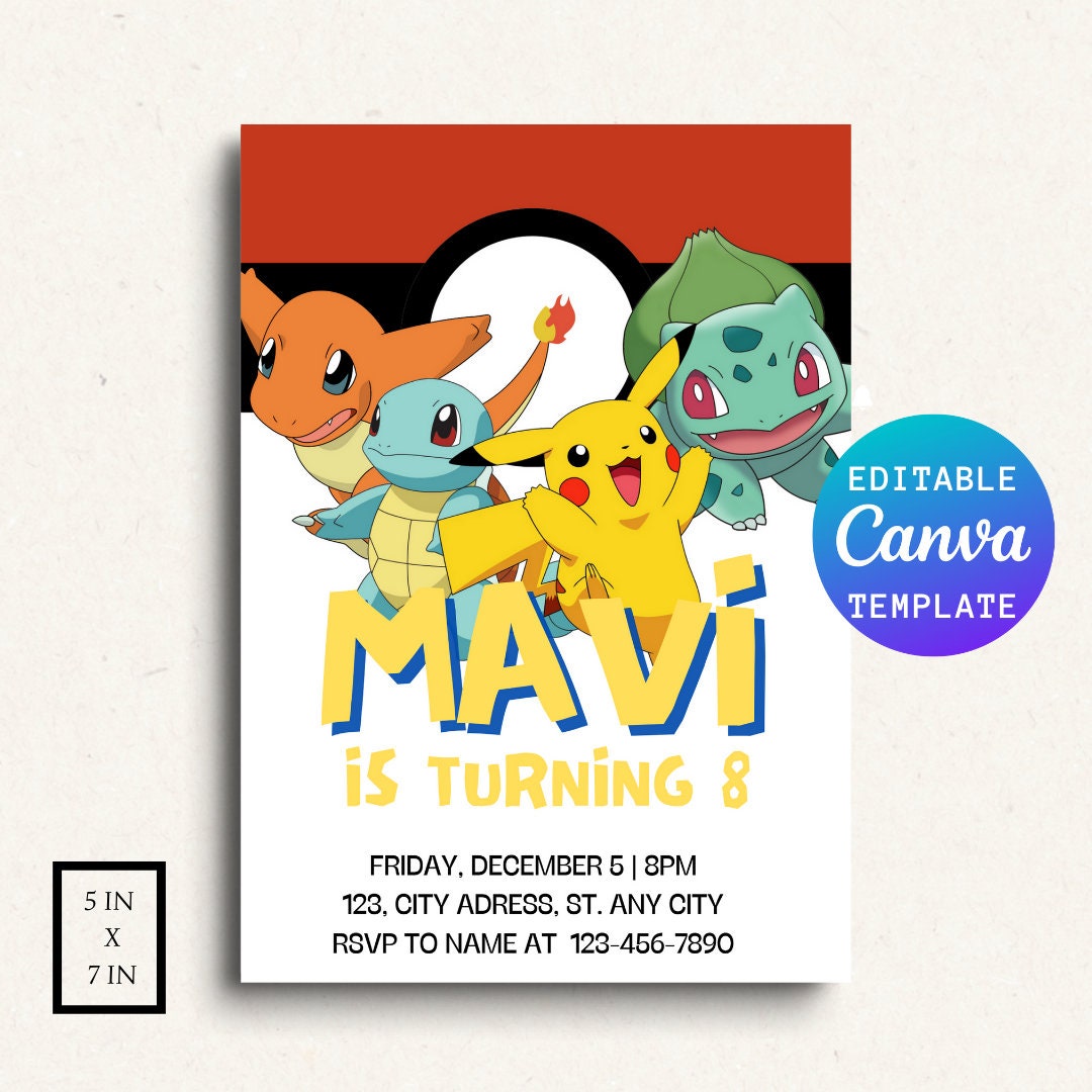 Plantilla de invitacion de cumpleaños de Pokemon para editar en Canva ...