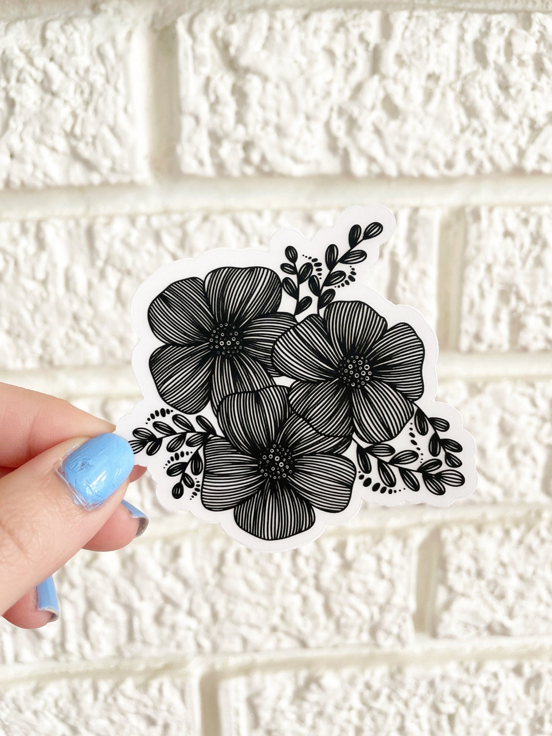 Line Drawn Black Floral Design Clear Vinyl Sticker Waterproof - Etsy