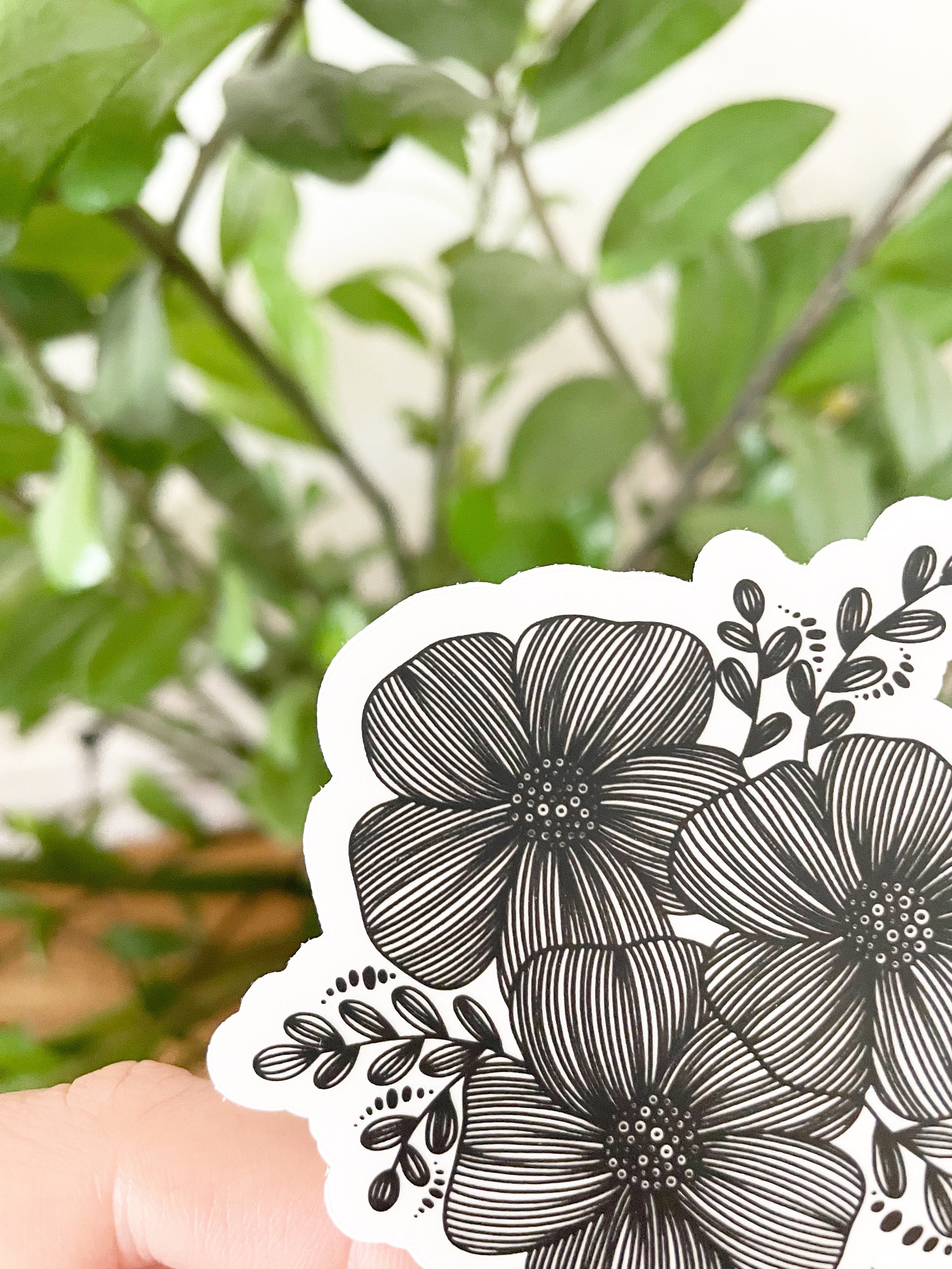 Line Drawn Black Floral Design Clear Vinyl Sticker Waterproof | Etsy