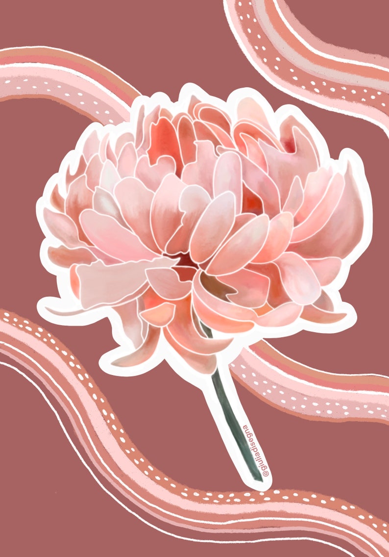 Pink Peony Design White Outline Waterproof Sticker | Etsy