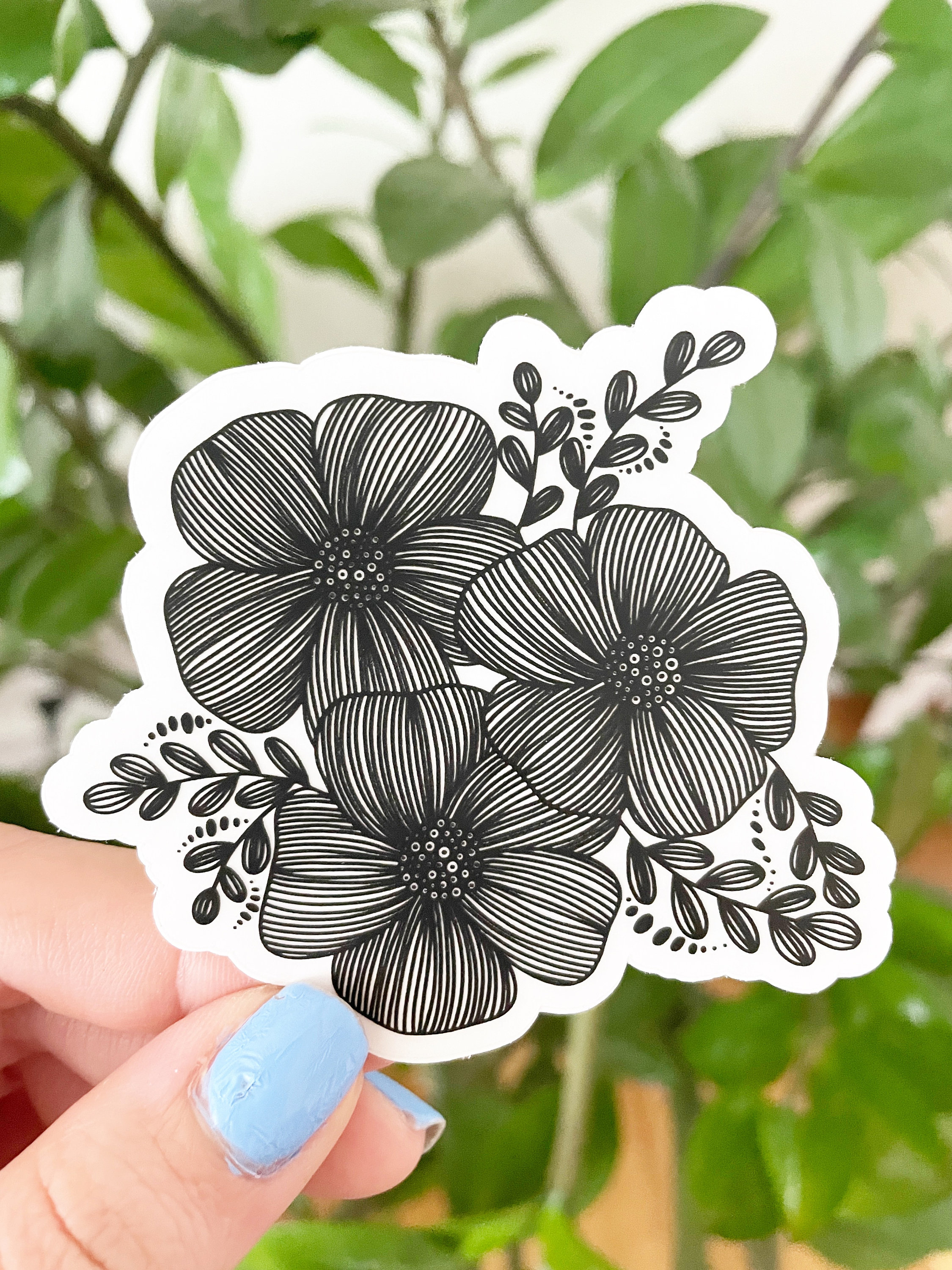 Line Drawn Black Floral Design Clear Vinyl Sticker Waterproof | Etsy